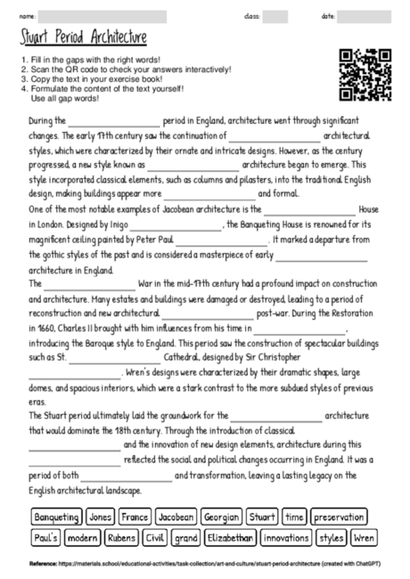 Worksheet with the topic "Stuart Period Architecture" | MATERIALS.SCHOOL