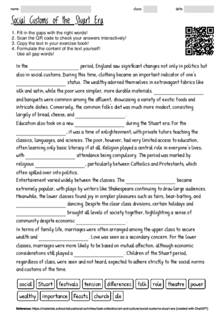 Worksheet with the topic "Social Customs of the Stuart Era" | MATERIALS ...