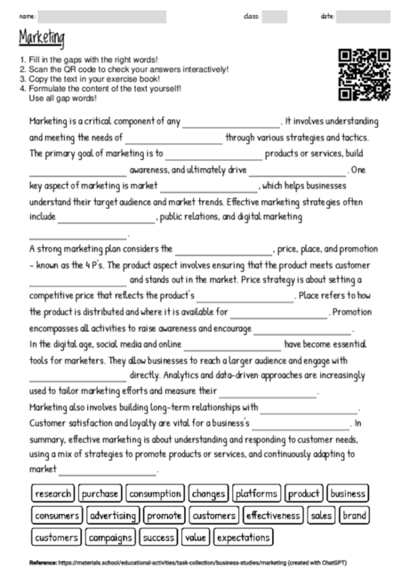 Worksheet with the topic "Marketing" | MATERIALS.SCHOOL