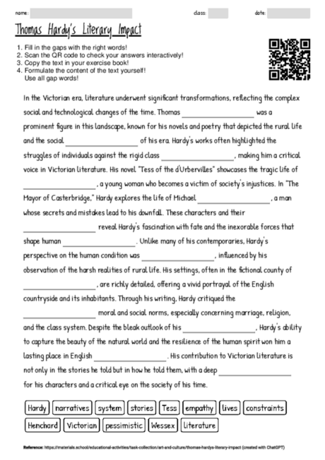 Worksheet with the topic "Thomas Hardy's Literary Impact" | MATERIALS ...