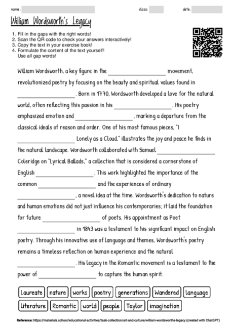 Worksheet with the topic "William Wordsworth's Legacy" | MATERIALS.SCHOOL