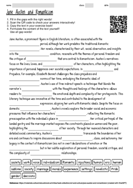 Worksheet with the topic "Jane Austen and Romanticism" | MATERIALS.SCHOOL