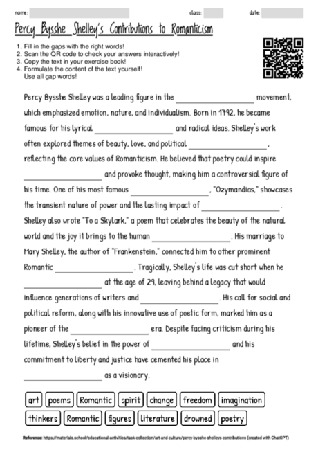 Worksheet with the topic "Percy Bysshe Shelley's Contributions to ...