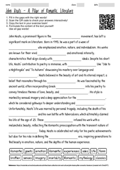 Worksheet with the topic "John Keats - A Pillar of Romantic Literature ...