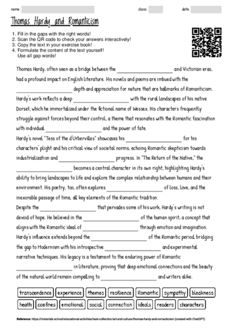 Worksheet with the topic "Thomas Hardy and Romanticism" | MATERIALS.SCHOOL