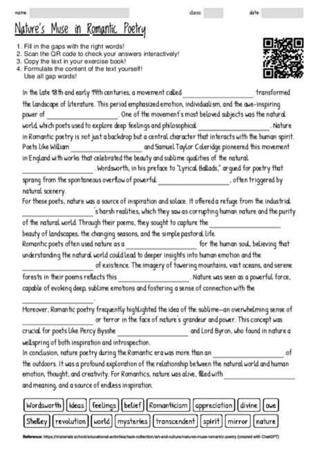 Worksheet with the topic "Nature's Muse in Romantic Poetry" | MATERIALS ...