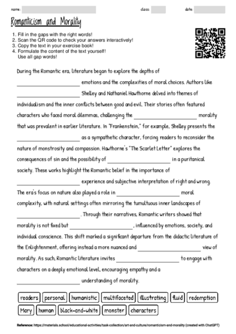 Worksheet with the topic "Romanticism and Morality" | MATERIALS.SCHOOL