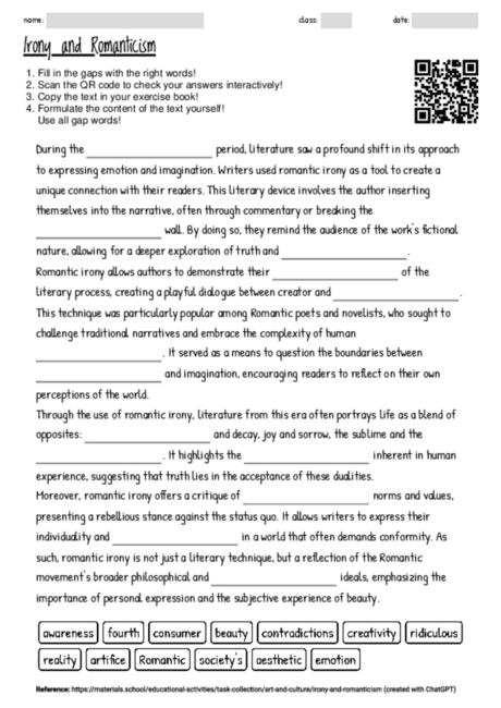 Worksheet with the topic "Irony and Romanticism" | MATERIALS.SCHOOL