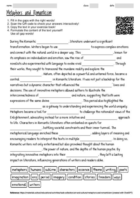Worksheet with the topic "Metaphors and Romanticism" | MATERIALS.SCHOOL