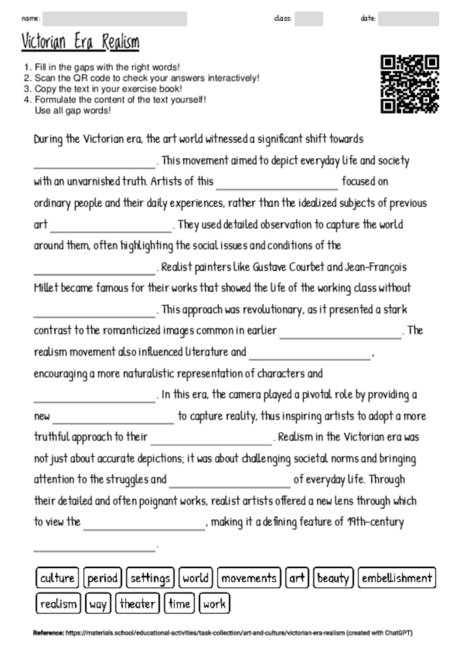 Worksheet with the topic "Victorian Era Realism" | MATERIALS.SCHOOL