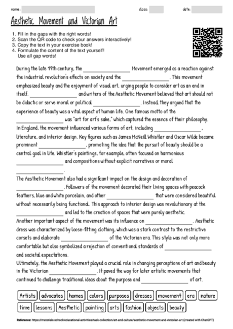 Worksheet with the topic "Aesthetic Movement and Victorian Art ...
