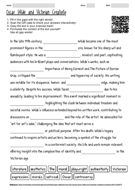 Worksheet with the topic "Oscar Wilde and Victorian Creativity ...