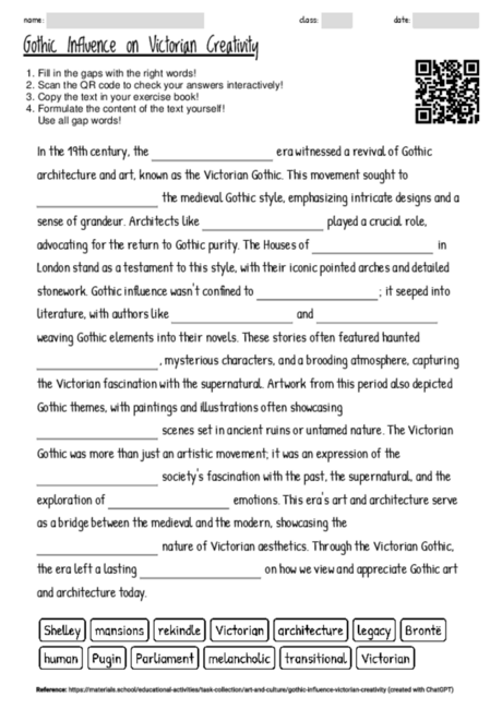 Worksheet with the topic "Gothic Influence on Victorian Creativity ...