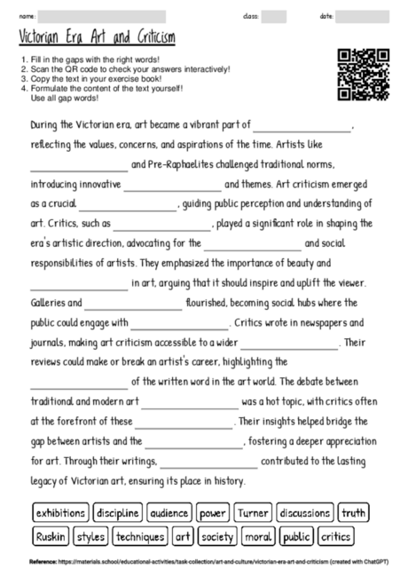 Worksheet with the topic "Victorian Era Art and Criticism" | MATERIALS ...