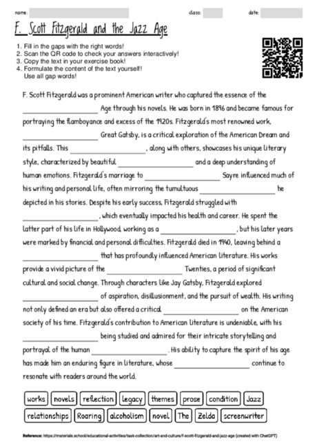 Worksheet with the topic "F. Scott Fitzgerald and the Jazz Age ...
