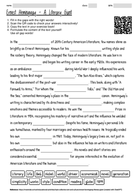 Worksheet with the topic "Ernest Hemingway - A Literary Giant ...