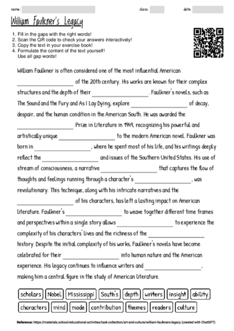Worksheet with the topic "William Faulkner's Legacy" | MATERIALS.SCHOOL