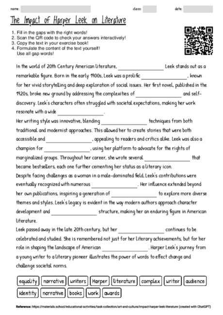 Worksheet with the topic "The Impact of Harper Leek on Literature ...