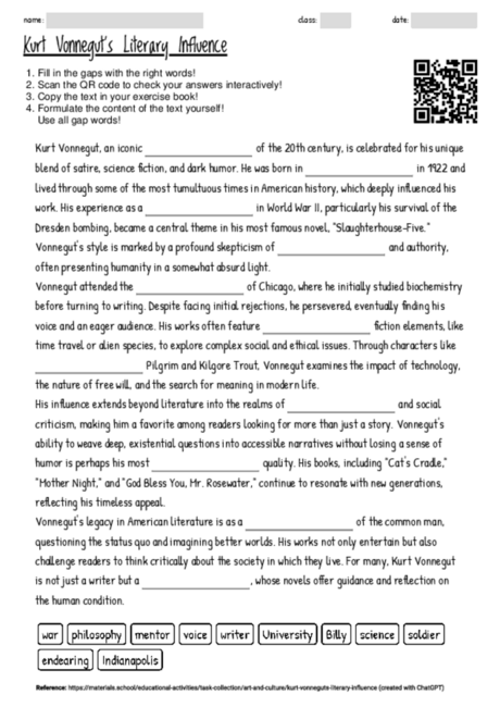 Worksheet with the topic "Kurt Vonnegut's Literary Influence ...