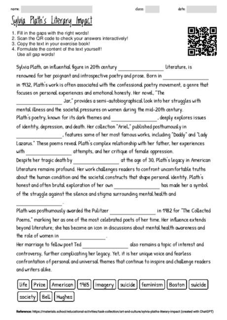 Worksheet with the topic "Sylvia Plath's Literary Impact" | MATERIALS ...