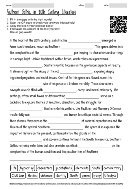 Worksheet with the topic "Southern Gothic in 20th Century Literature ...