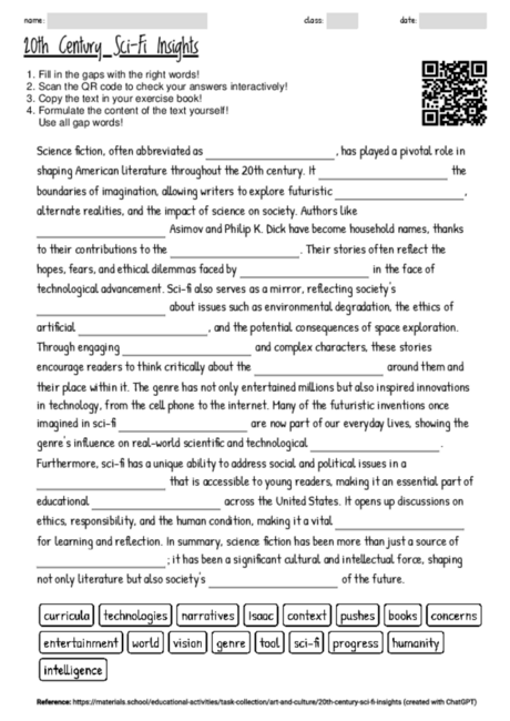 Worksheet with the topic "20th Century Sci-Fi Insights" | MATERIALS.SCHOOL