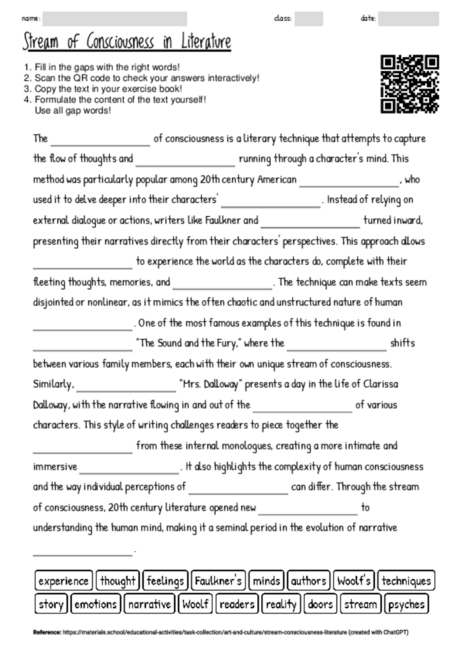 Worksheet with the topic "Stream of Consciousness in Literature ...