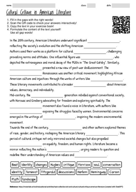 Worksheet with the topic "Cultural Critique in American Literature ...