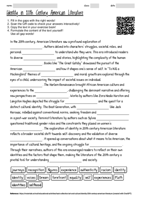 Worksheet with the topic "Identity in 20th Century American Literature ...
