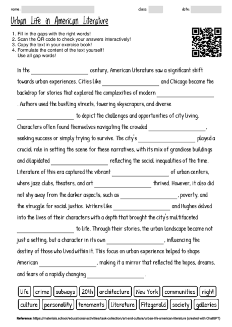 Worksheet with the topic "Urban Life in American Literature ...
