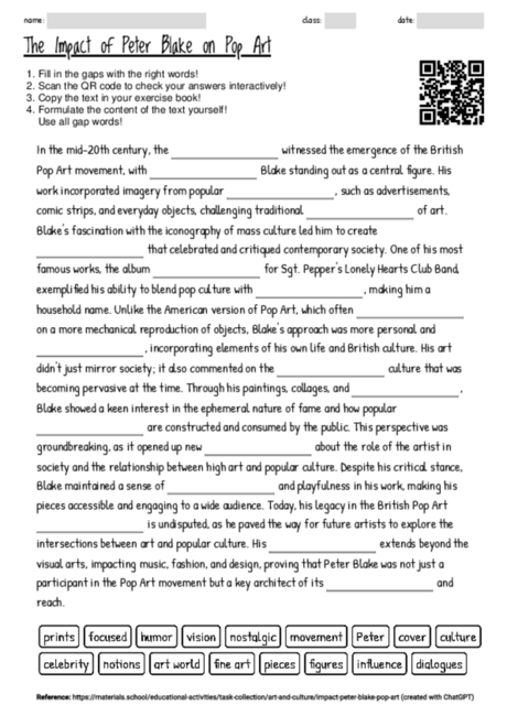 Worksheet with the topic "The Impact of Peter Blake on Pop Art ...
