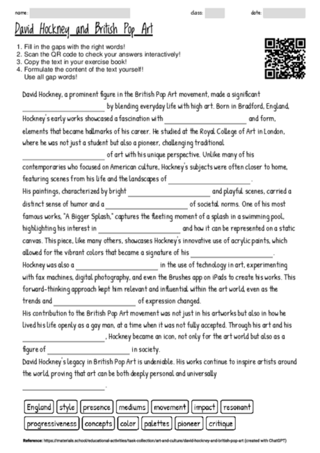 Worksheet with the topic "David Hockney and British Pop Art ...