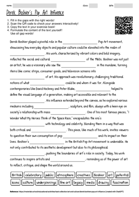 Worksheet with the topic "Derek Boshier's Pop Art Influence ...