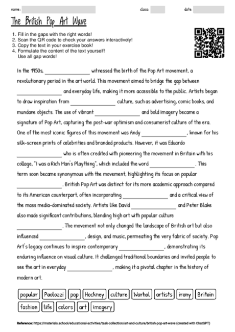 Worksheet with the topic "The British Pop Art Wave" | MATERIALS.SCHOOL
