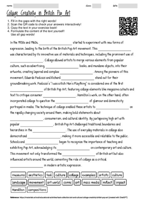 Worksheet with the topic "Collage Creativity in British Pop Art ...