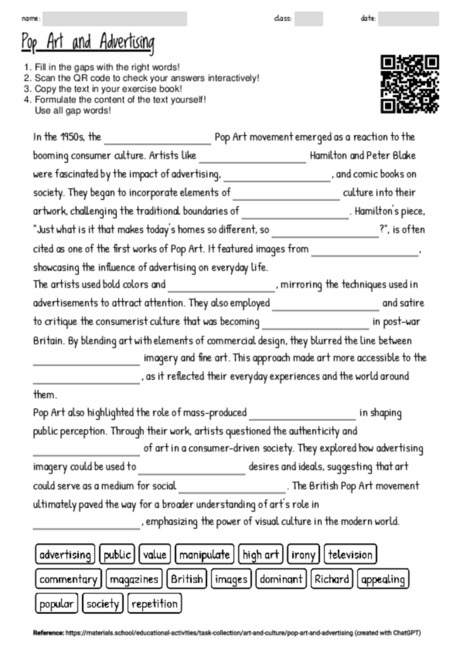 Worksheet with the topic "Pop Art and Advertising" | MATERIALS.SCHOOL