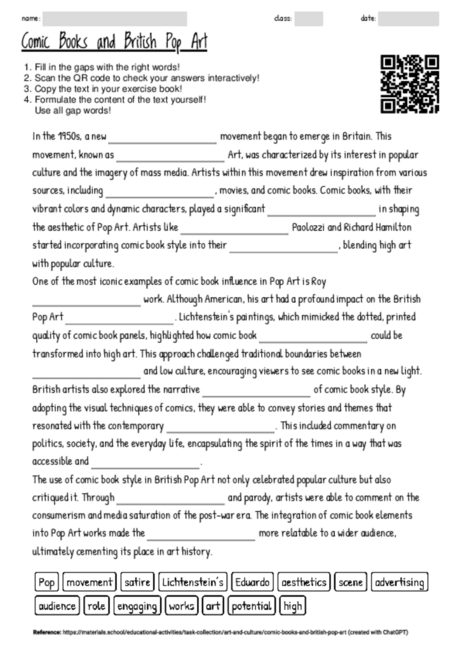 Worksheet with the topic "Comic Books and British Pop Art" | MATERIALS ...