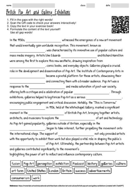 Worksheet with the topic "British Pop Art and Gallery Exhibitions ...