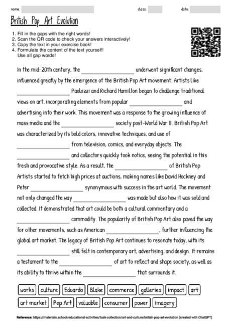 Worksheet with the topic "British Pop Art Evolution" | MATERIALS.SCHOOL