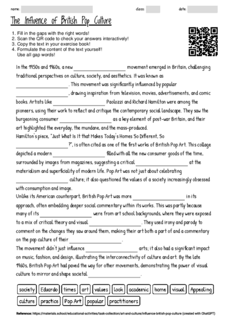 Worksheet with the topic "The Influence of British Pop Culture ...