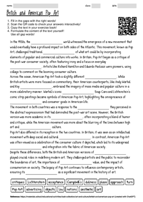 Worksheet with the topic "British and American Pop Art" | MATERIALS.SCHOOL