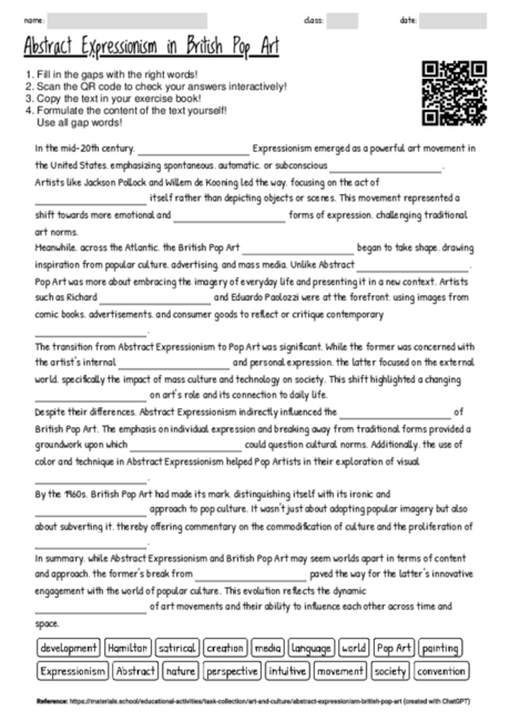 Worksheet with the topic "Abstract Expressionism in British Pop Art ...