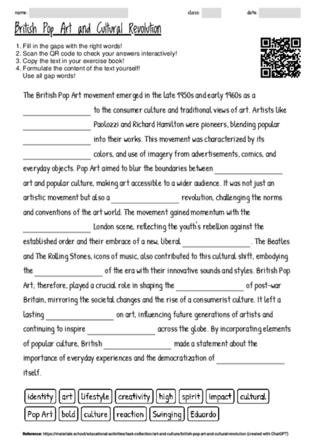 Worksheet with the topic "British Pop Art and Cultural Revolution ...