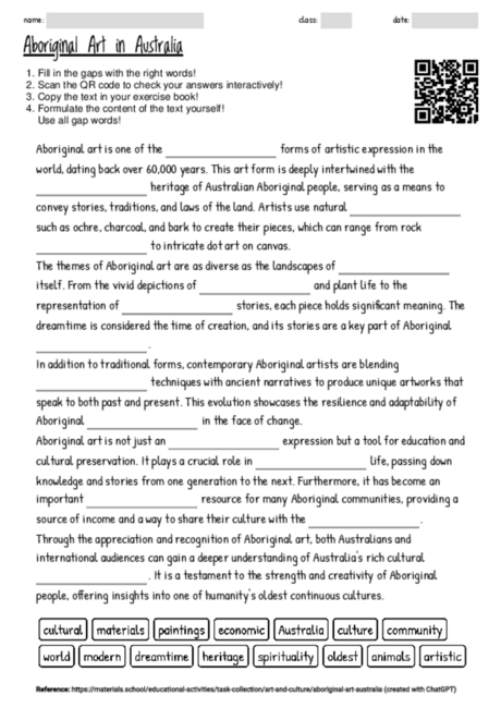 Worksheet with the topic "Aboriginal Art in Australia" | MATERIALS.SCHOOL
