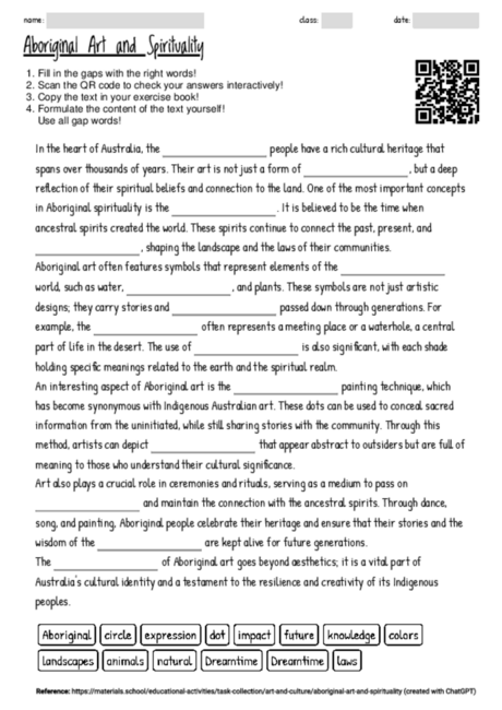 Worksheet with the topic "Aboriginal Art and Spirituality" | MATERIALS ...