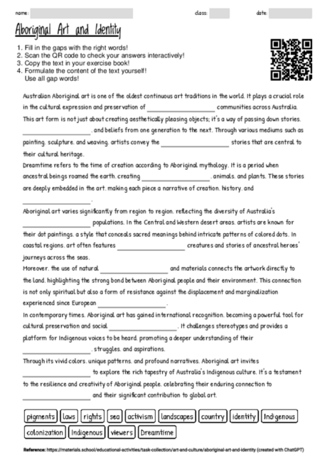 Worksheet with the topic "Aboriginal Art and Identity" | MATERIALS.SCHOOL