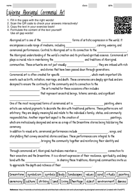 Worksheet with the topic "Exploring Aboriginal Ceremonial Art ...