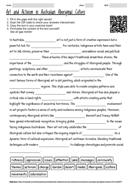 Worksheet with the topic "Art and Activism in Australian Aboriginal ...