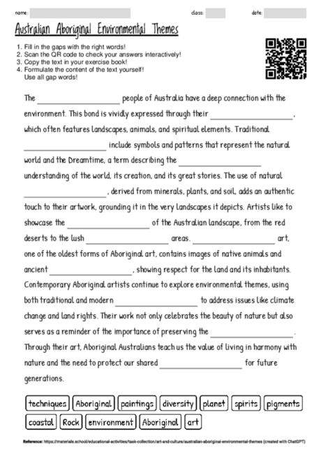 Worksheet with the topic "Australian Aboriginal Environmental Themes ...