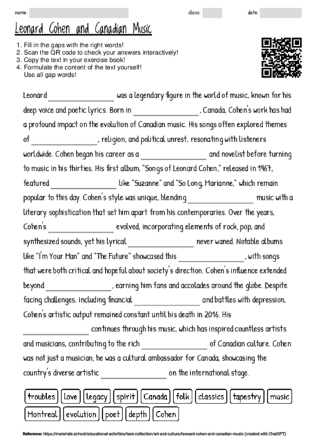 Worksheet with the topic "Leonard Cohen and Canadian Music" | MATERIALS ...